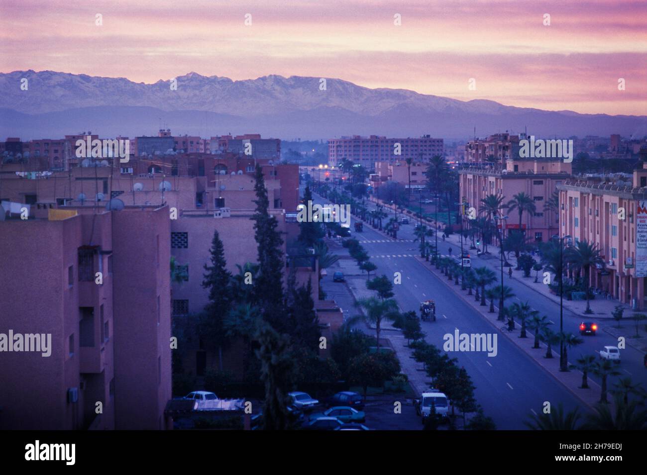 View towards the High Atlas at dawn along Boulevard Allal Al Fassi ...