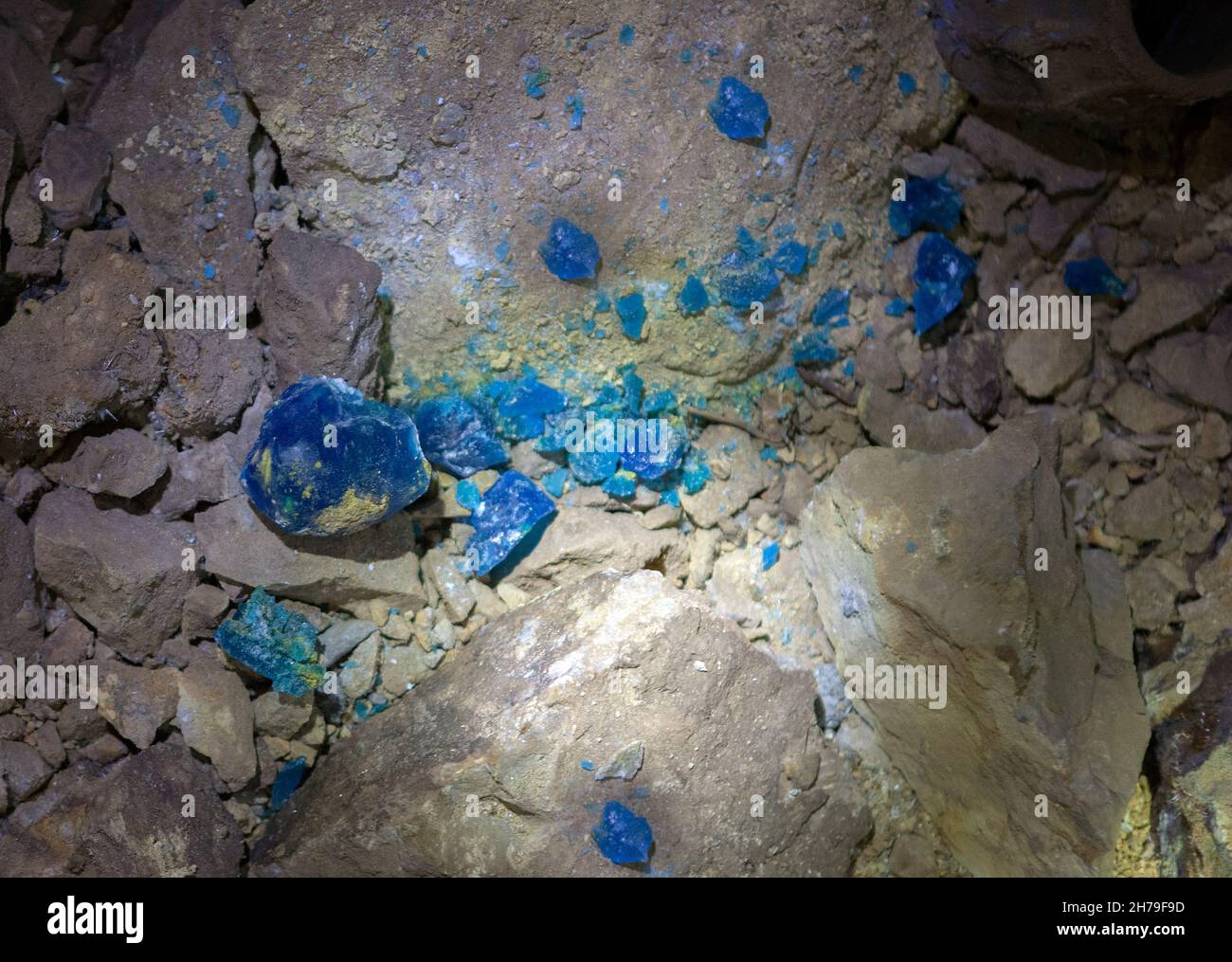 Melanterite blue mineral grows in underground mining wall. Stone ...