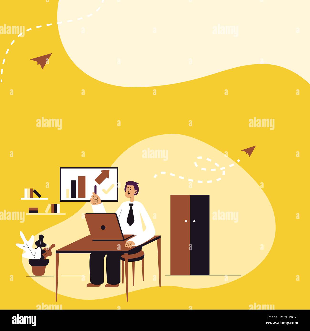 Man Sitting On Desk Working And Presenting New Technologies. Professor ...