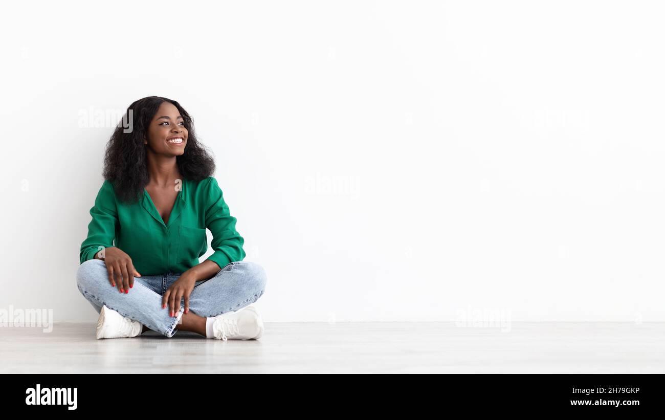 Happy black lady looking at copy space, panorama Stock Photo - Alamy