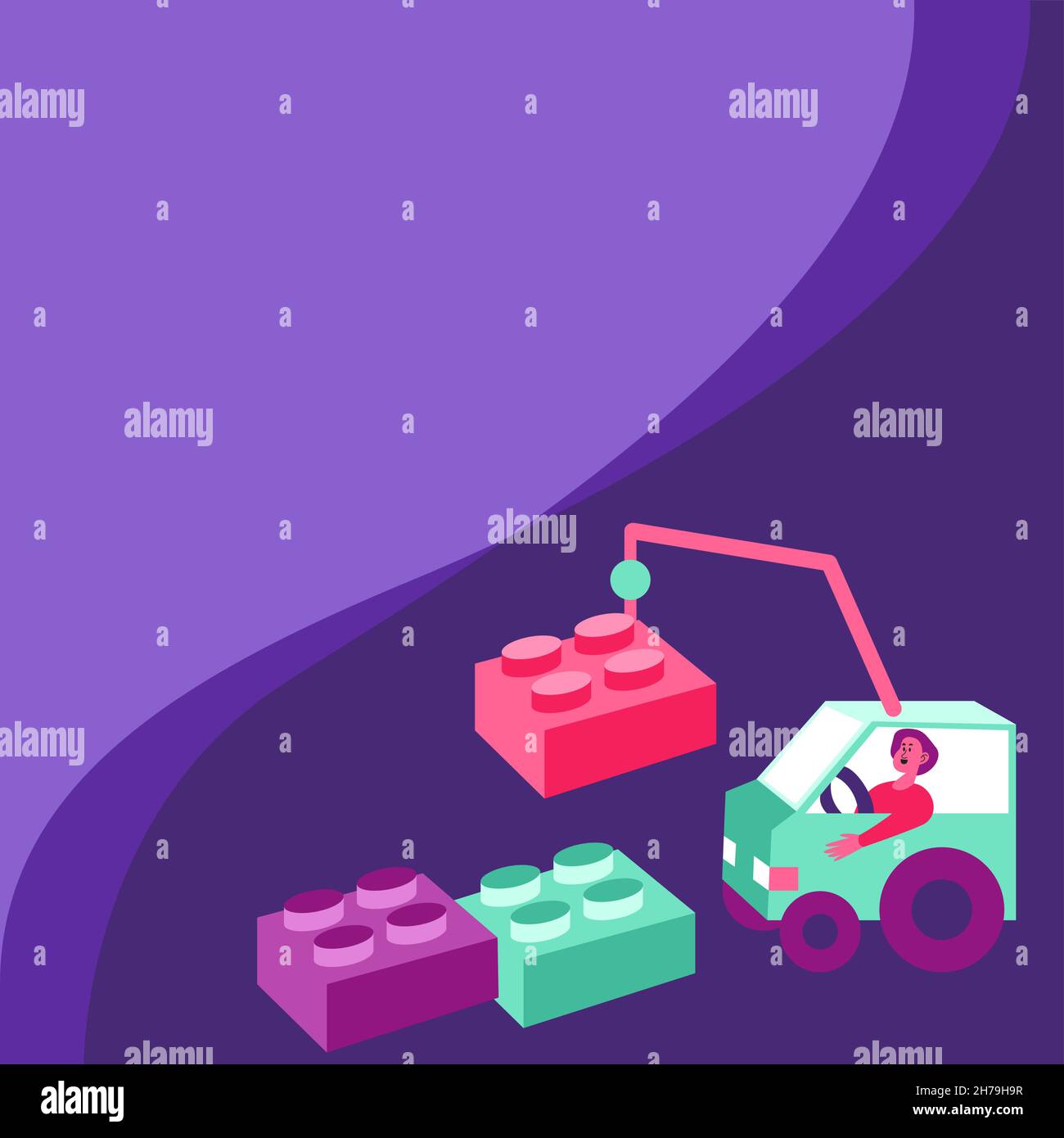 Forklift Moving Around Cubes For New Buildings And Plans. Man In Crane ...