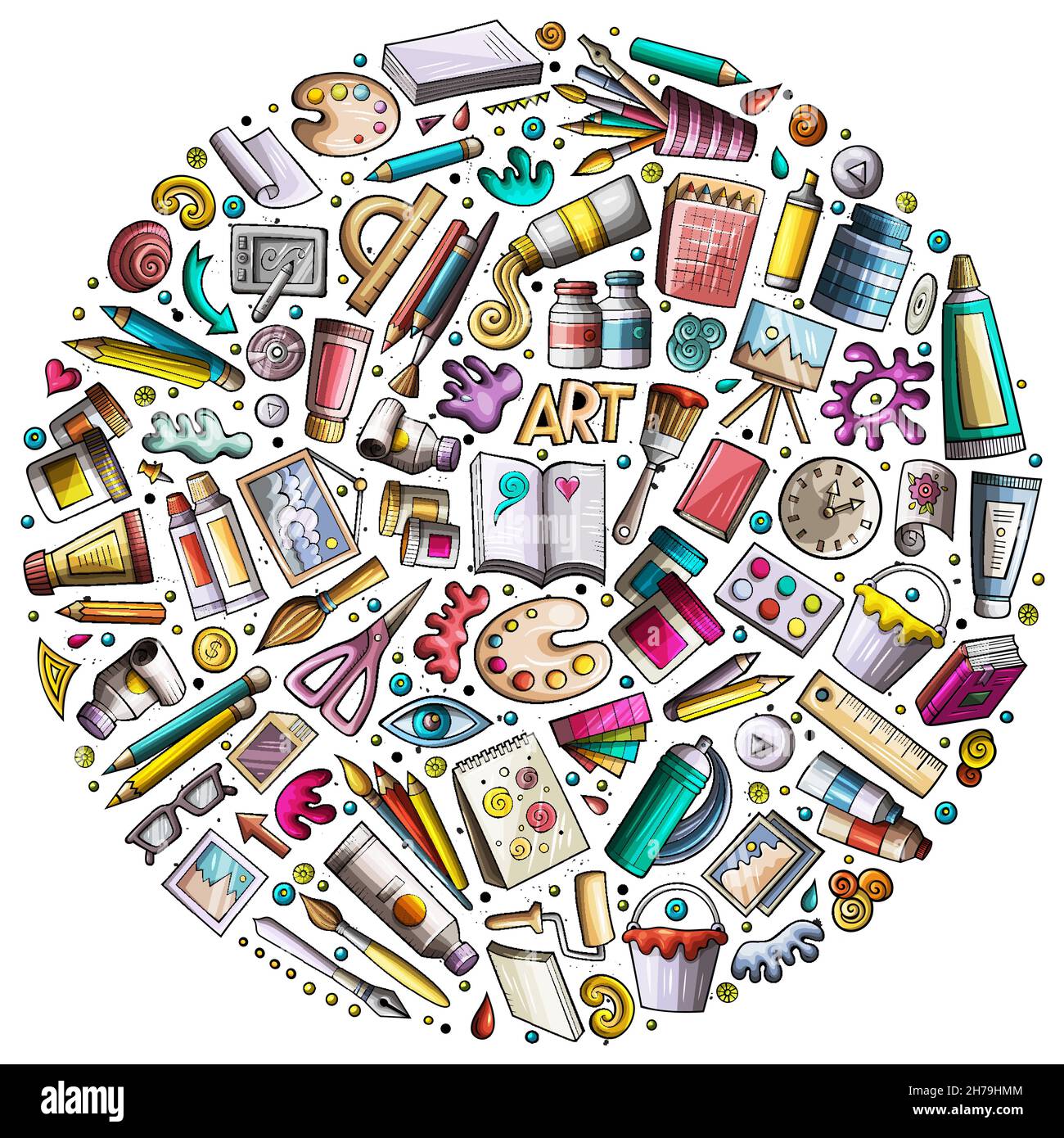 Colorful vector hand drawn set of Art cartoon doodle objects, symbols ...