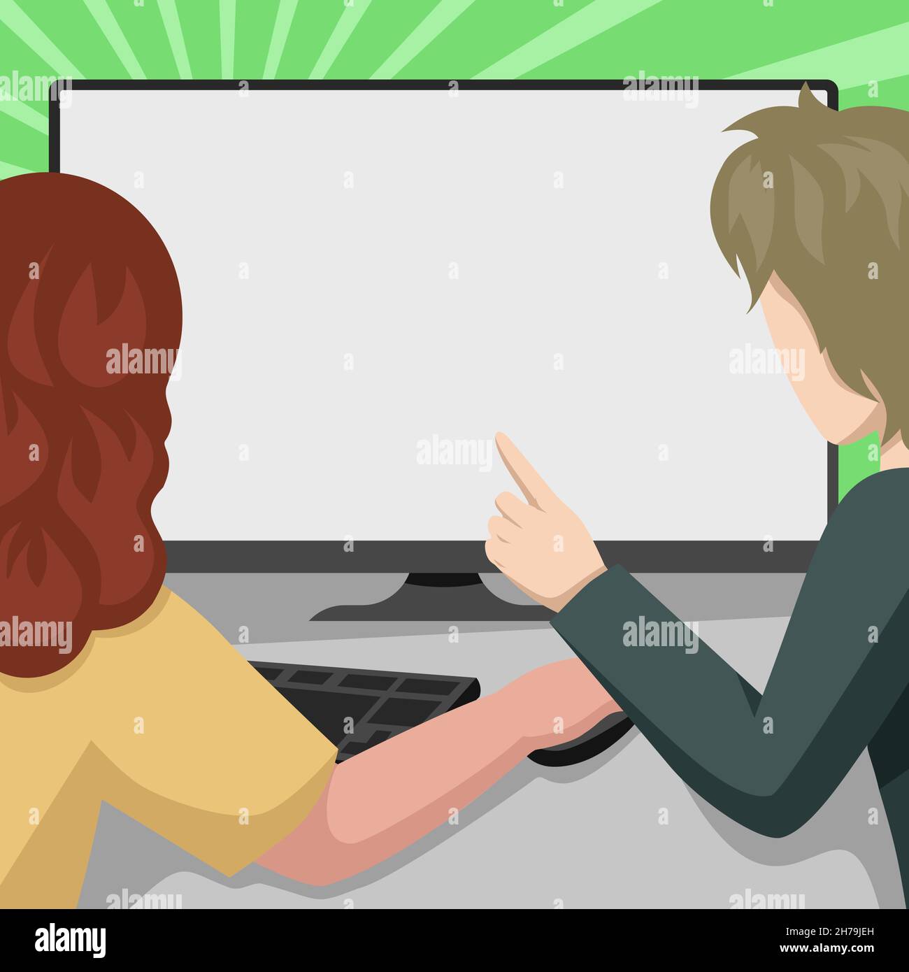 Couple Drawing Using Desktop Computer Helping Each Other Accomplishing ...