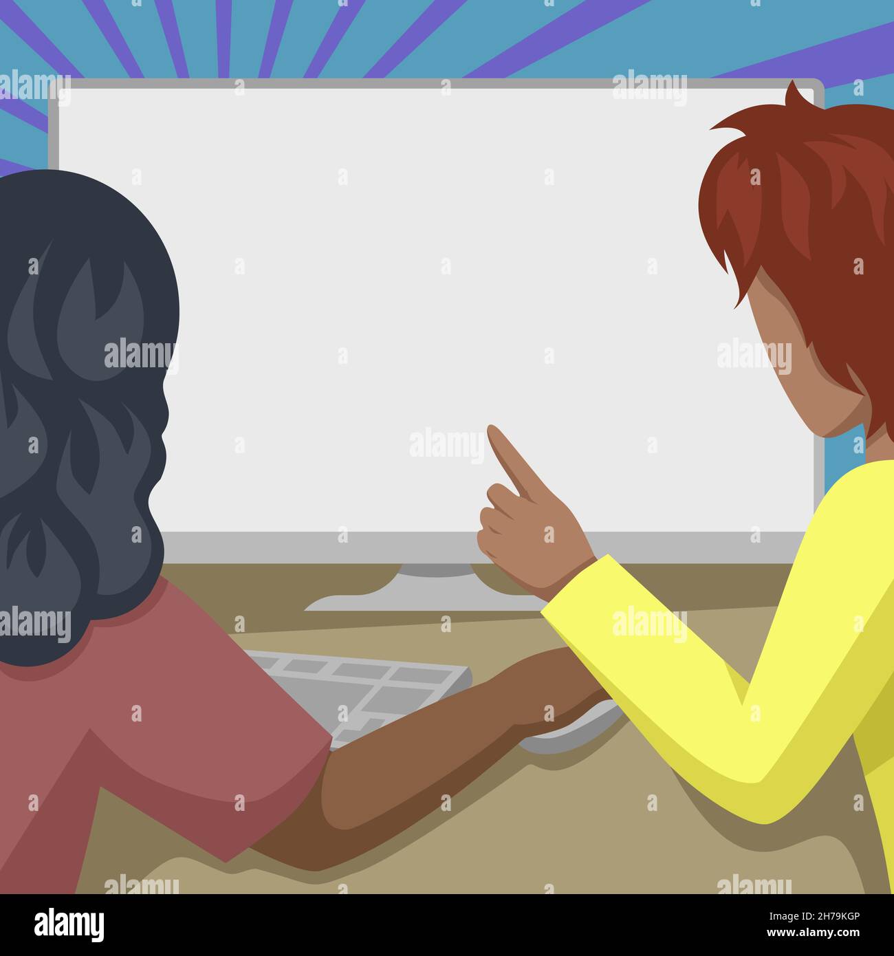 Couple Drawing Using Desktop Computer Helping Each Other Accomplishing ...