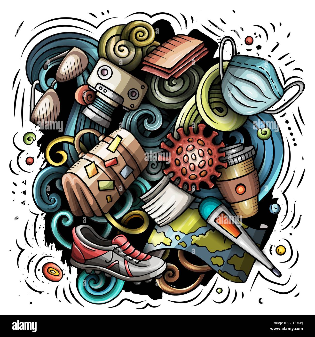 Traveling vector doodles illustration. New normal elements and objects ...