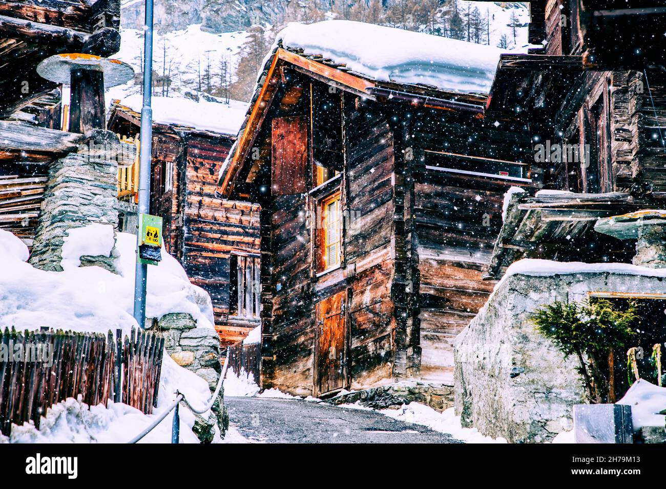 snowing in Zermatt traditional Swiss ski resort under the Matterhorn ...
