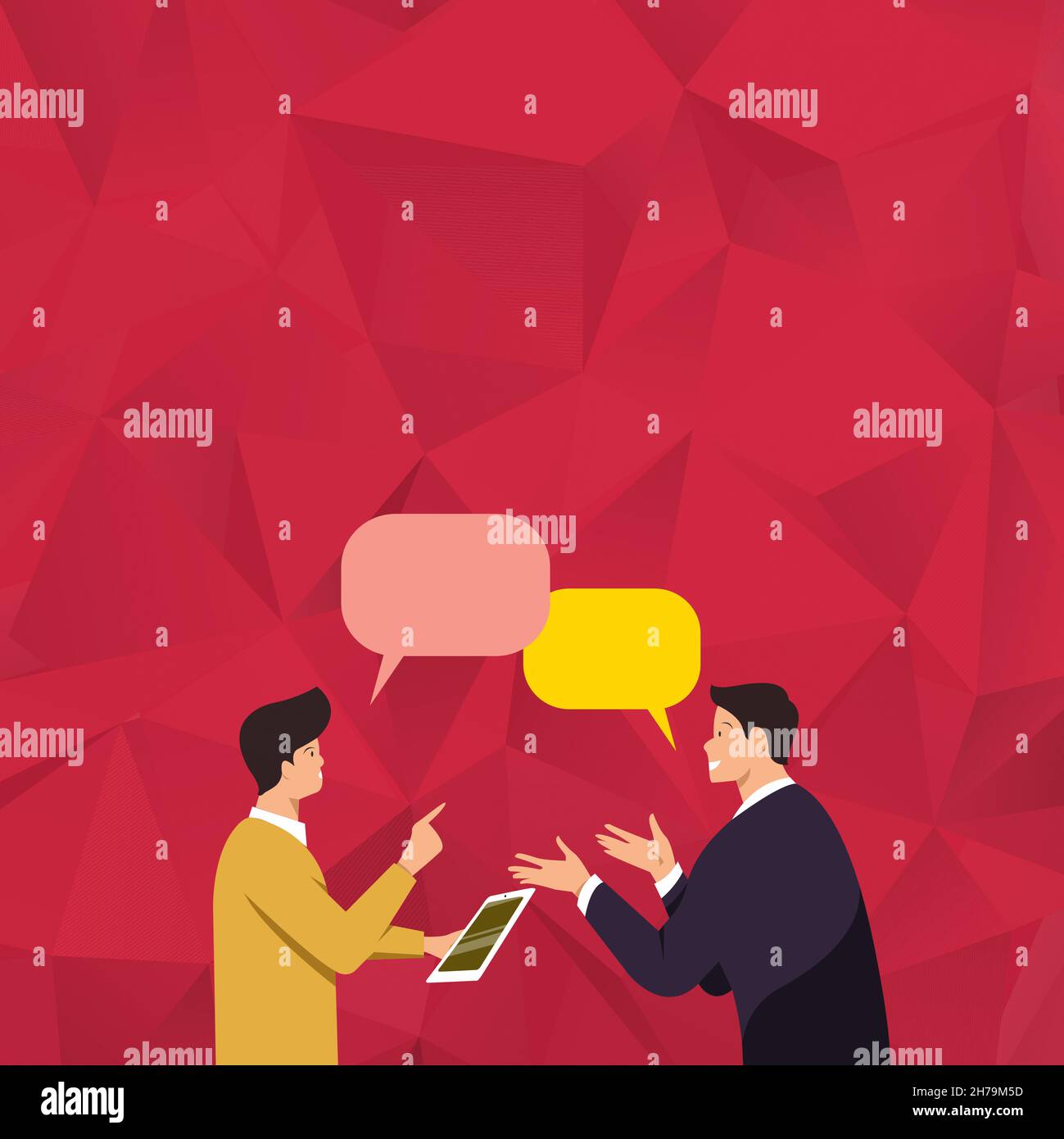 Two Men Colleagues Standing Sharing Thoughts Together With Speech ...