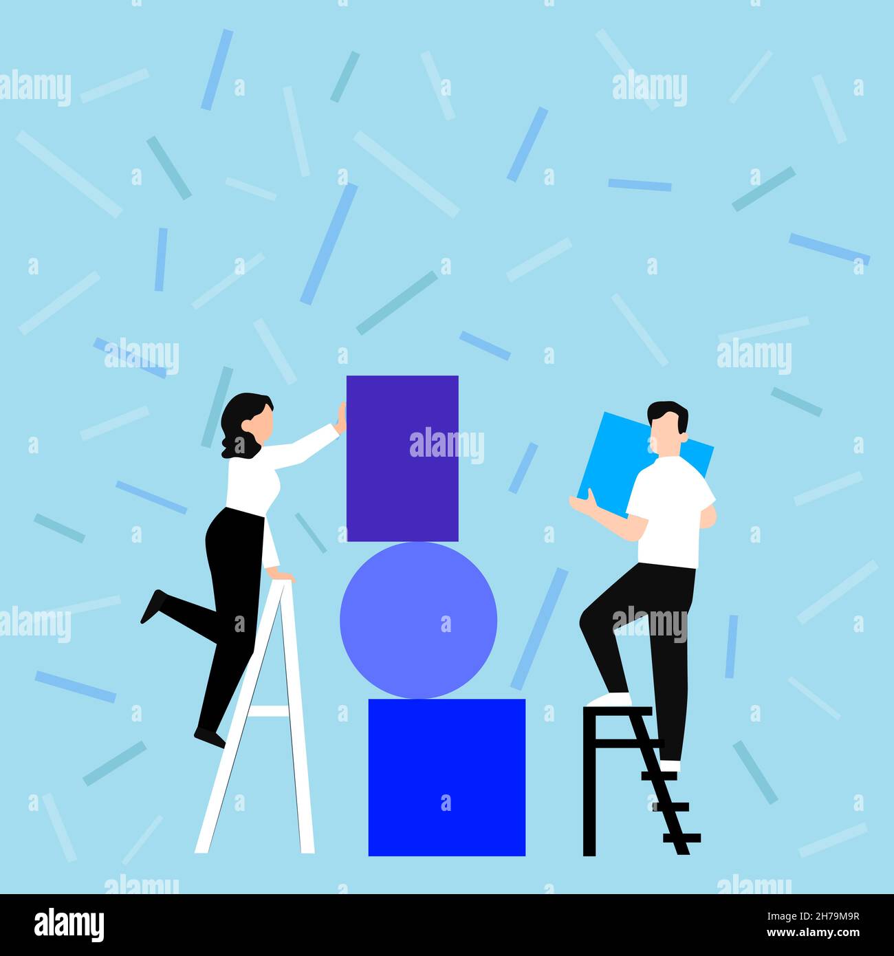 Couple Drawing Using Ladder Helping Each Other Placing Big Empty ...