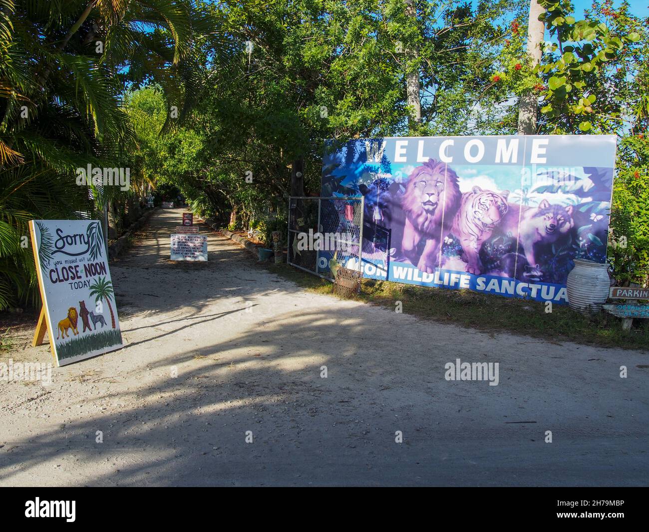 Signs at the entrance to the Octagon Wildlife Sanctuary in Punta Gorda ...