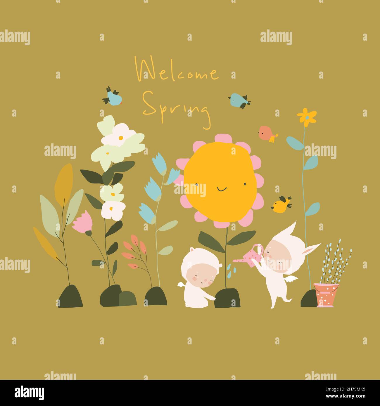 Cute Little Angels planting Beautiful Spring Flowers Stock Vector Image ...