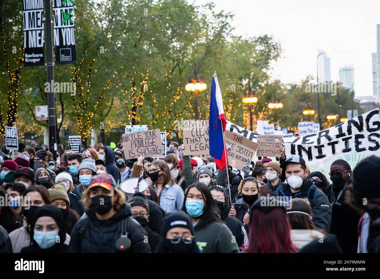Chicago, United States. 20th Nov, 2021. Protesters march on the street ...