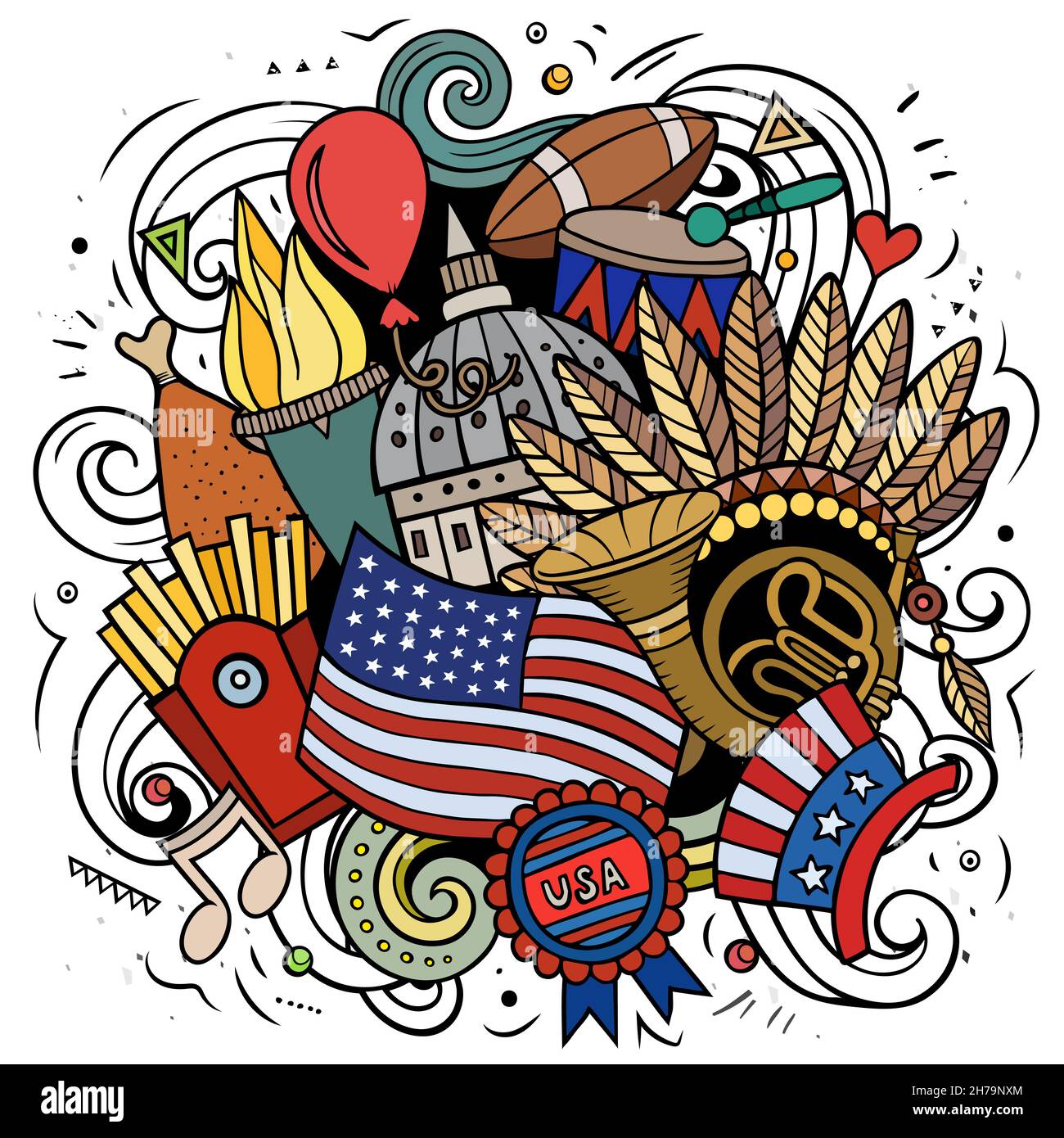 USA cartoon vector doodle illustration. Colorful detailed compositions ...