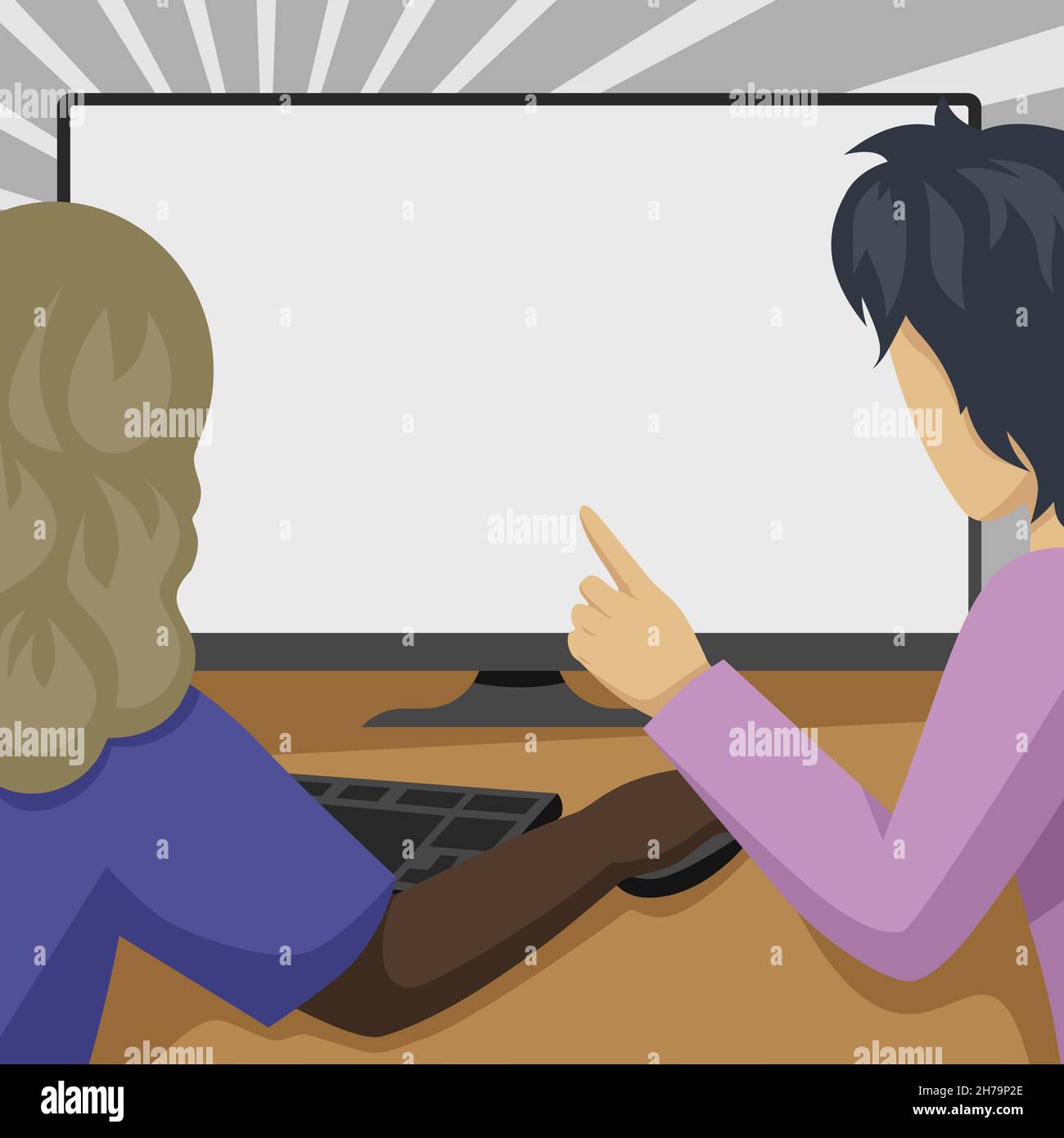 Couple Drawing Using Desktop Computer Helping Each Other Accomplishing ...