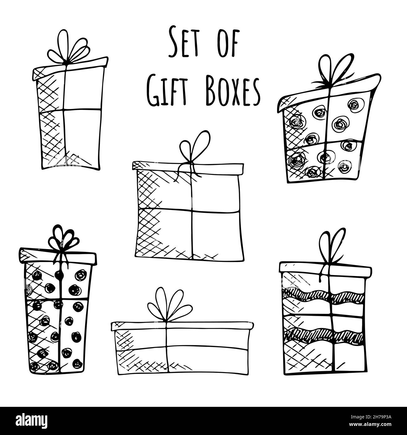 Set of hand drawn doodle vector gift boxes with bows and ribbons ...