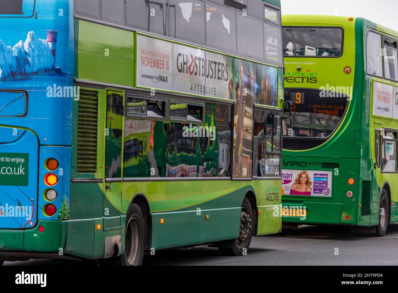 isle of wight southern vectis busses at newport bus station, queue of double decker busses at ...