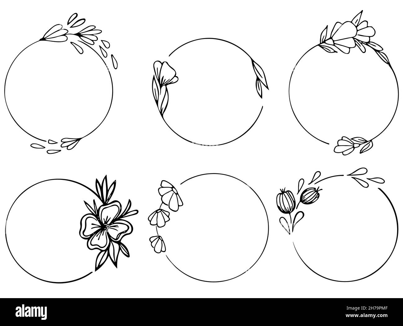 Set of hand drawn round doodle floral with leaves on white background ...