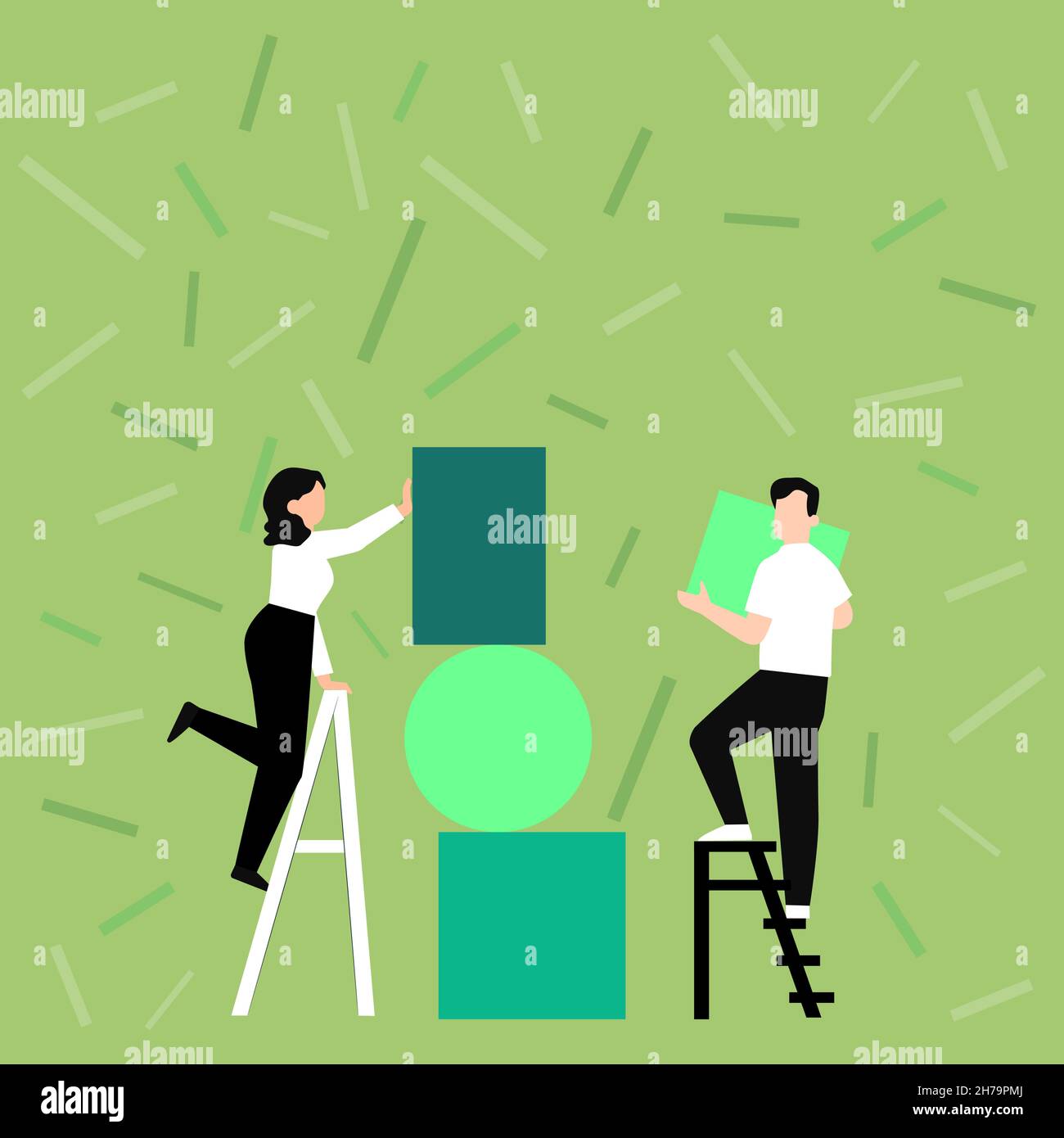 Couple Drawing Using Ladder Helping Each Other Placing Big Empty ...