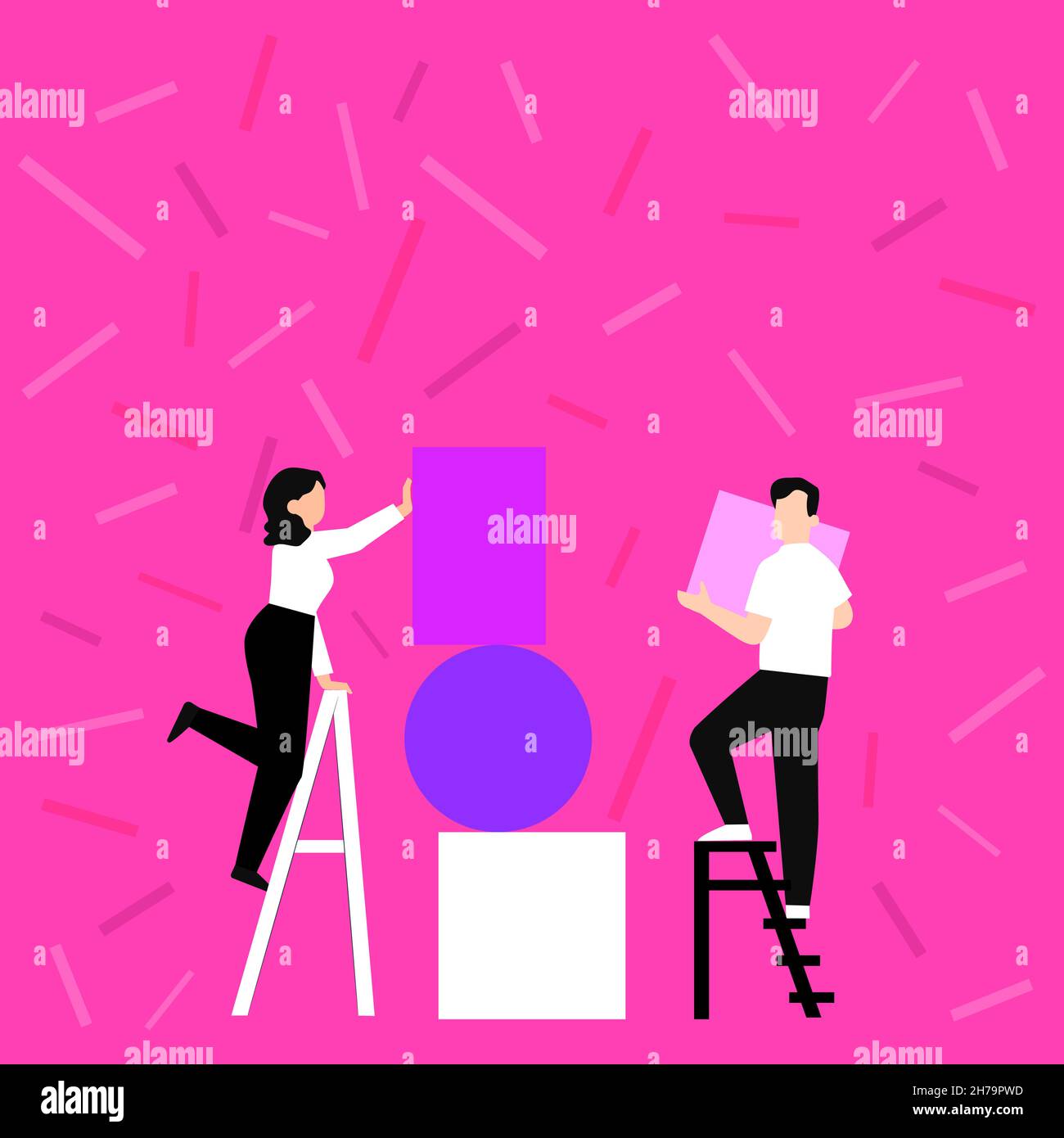 Couple Drawing Using Ladder Helping Each Other Placing Big Empty ...