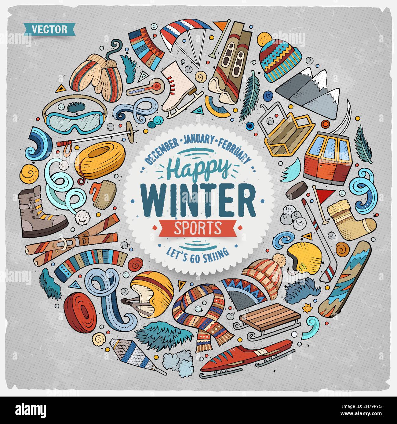 Colorful vector hand drawn set of Winter Sports cartoon doodle objects ...