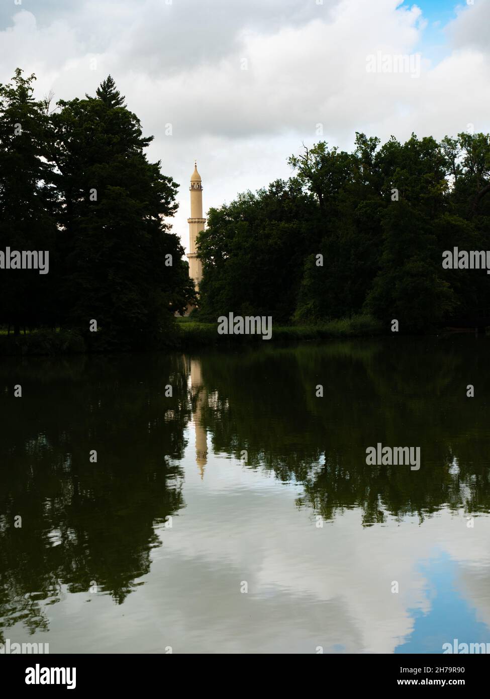 Lednice minaret, romantic lookout tower. Czech Republic. Dark old oak ...