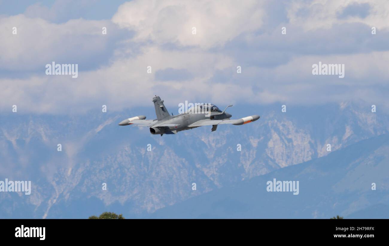 Udine, Italy SEPTEMBER, 18, 2021 Grey military fighter jet in flight ...