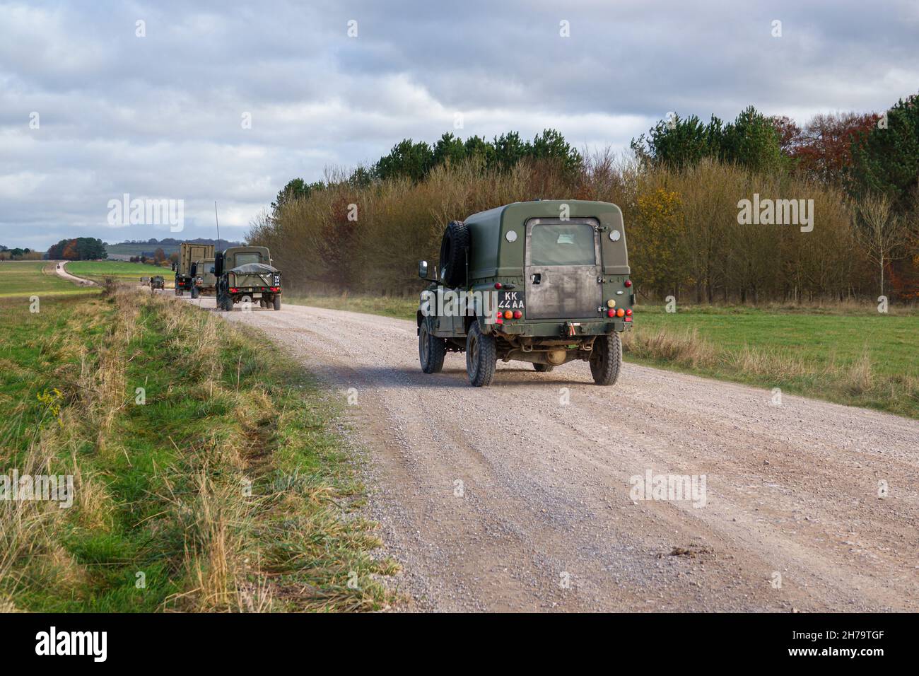 convoy of British Army Land Rover Defender Wolf medium utility vehicles ...