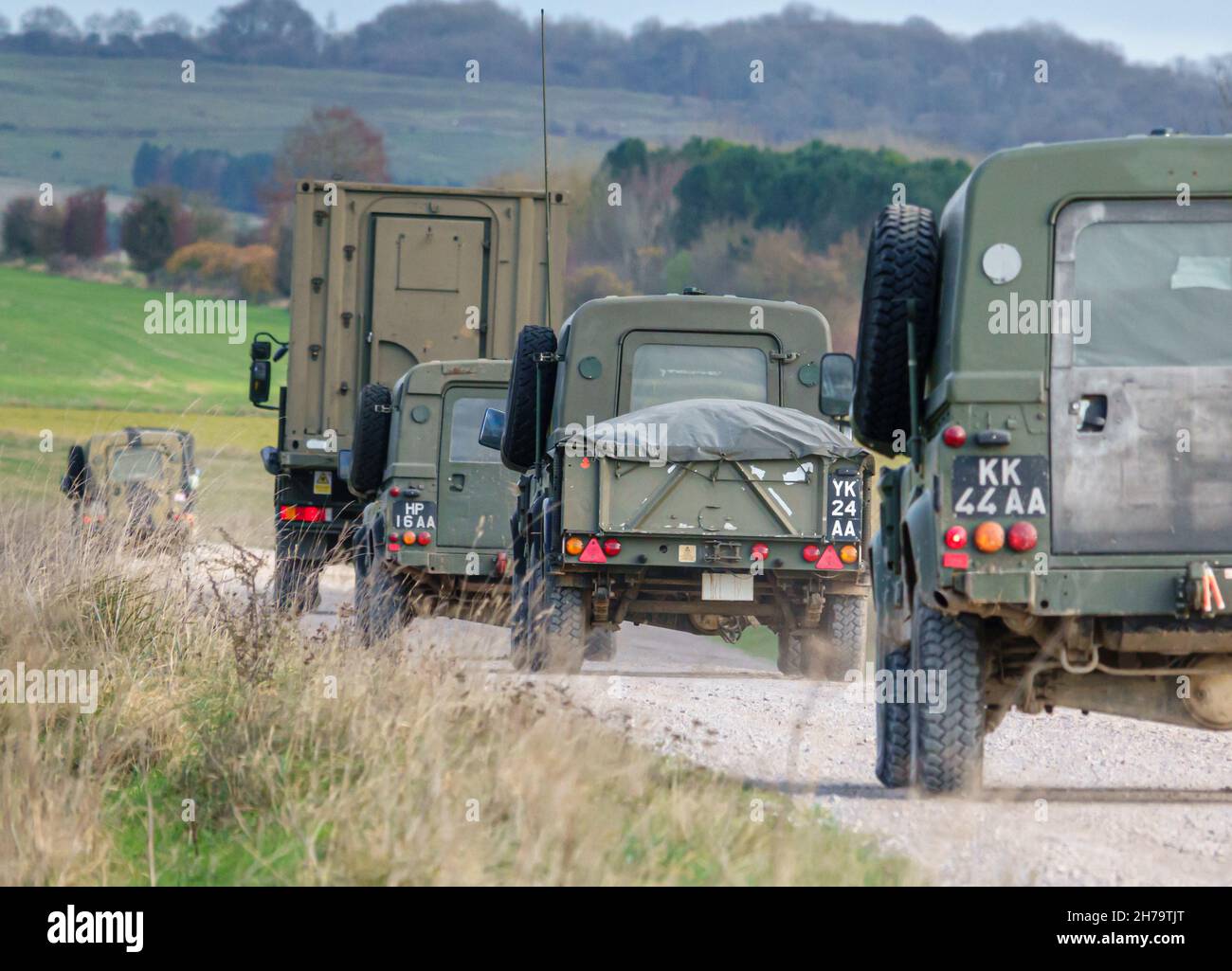 convoy of British Army Land Rover Defender Wolf medium utility vehicles ...