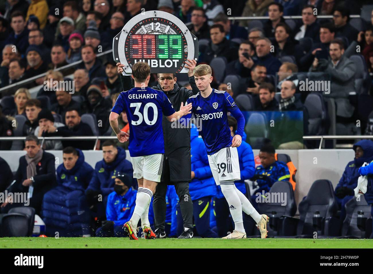 Stuart McKinstry #39 comes on to replace Joe Gelhardt #30 of Leeds ...