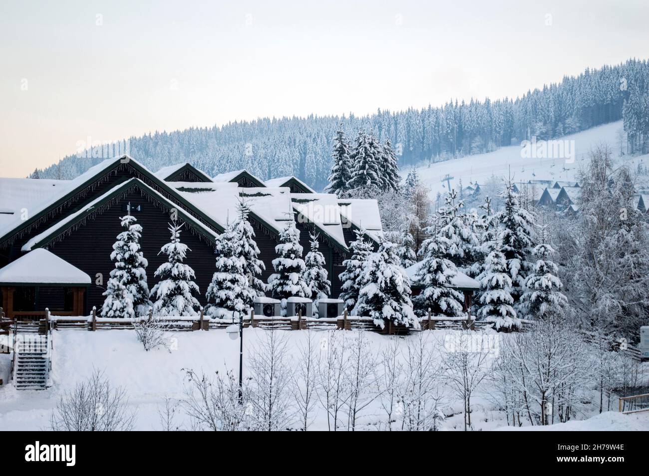 beautiful winter street Bukovel, the theme of mountain sports, skiing ...