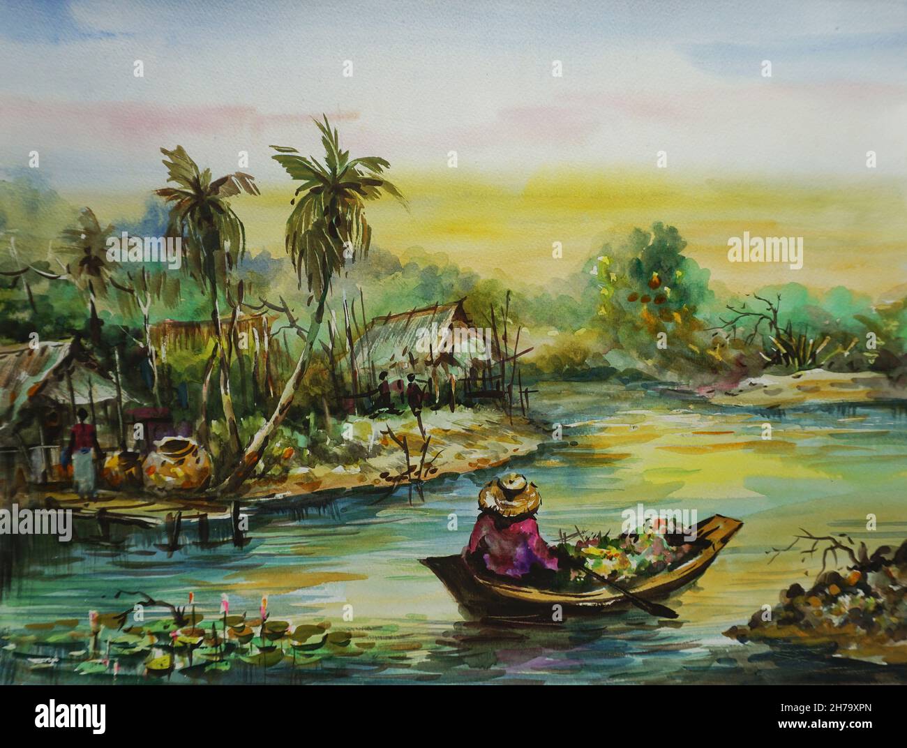 Art painting Watercolor Floating market and temple Thailand Stock Photo ...