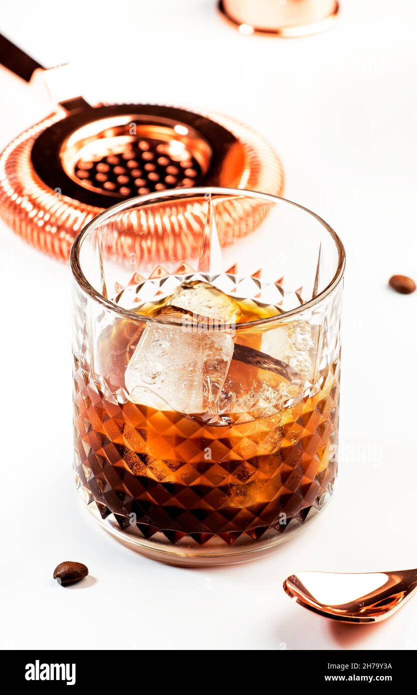 Black russian cocktail, trendy alcoholic drink with vodka, coffee ...