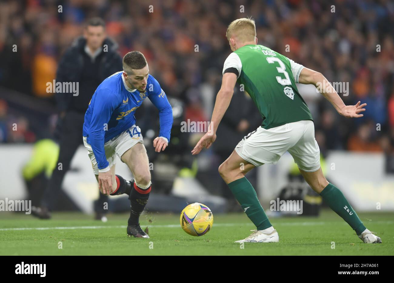 Glasgow, Scotland, 21st November 2021. Ryan Kent of Rangers and Josh ...