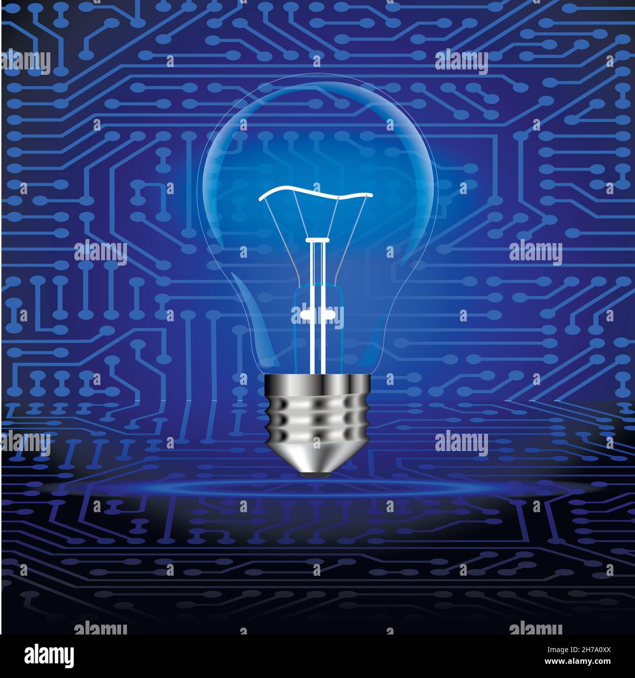 Electric light bulb. Modern futuristic background of electronic circuit boards. High tech. Idea ...