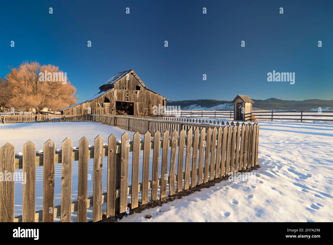 Old barn and winter farm with outhouse and snow Stock Photo - Alamy