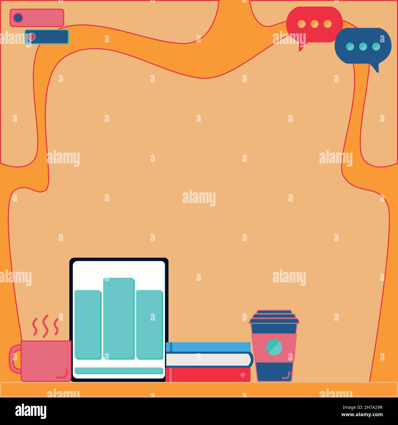 Office Desk Drawing With Tablet Pen Holder And An Open Blank Notebook ...