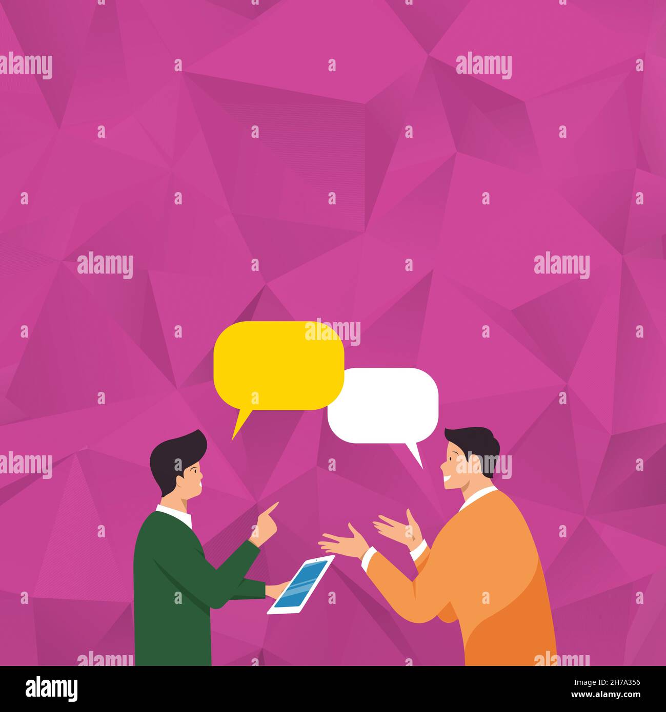 Two Men Colleagues Standing Sharing Thoughts Together With Speech ...