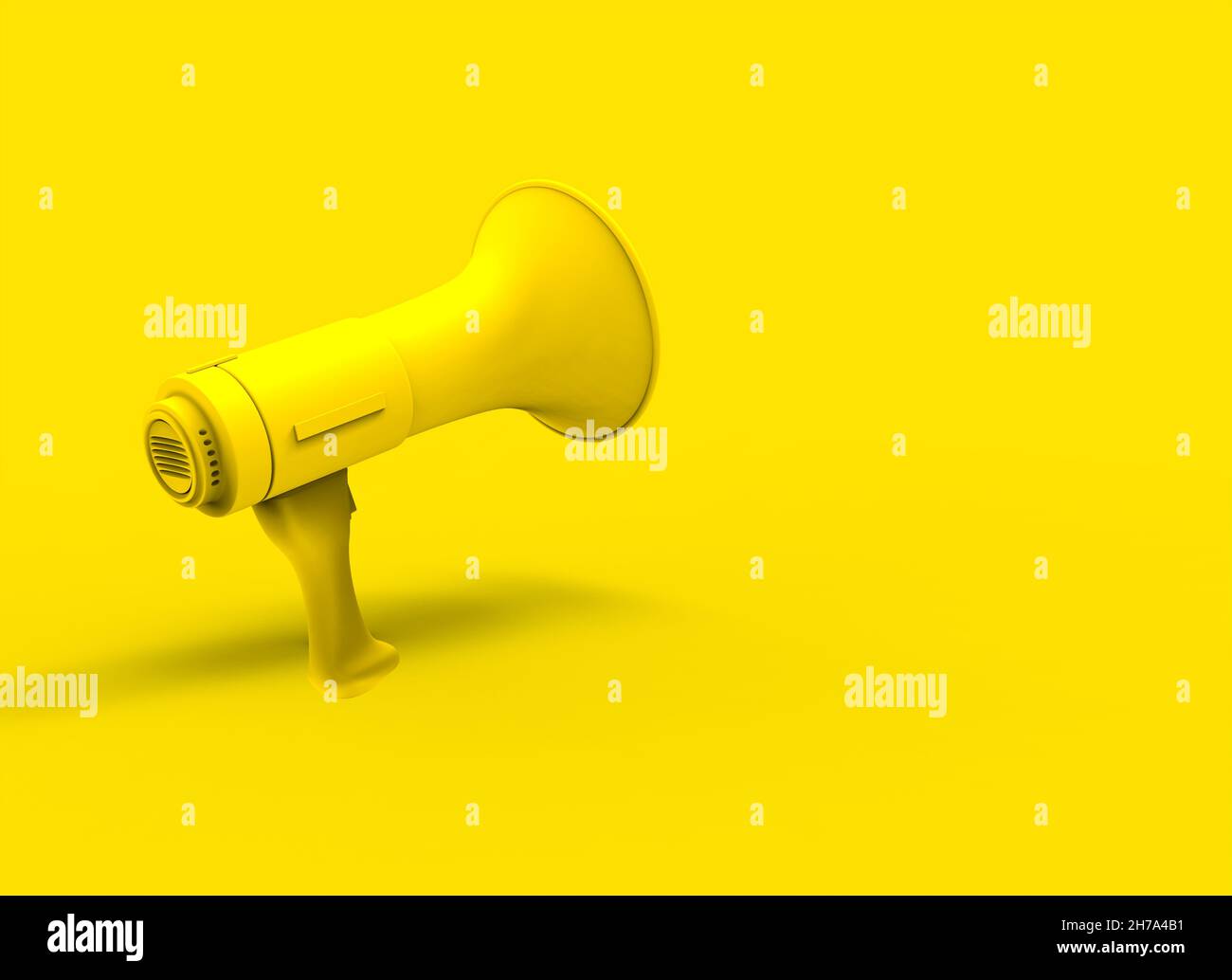 A 3d object of a yellow loud speaker megaphone on a yellow background ...