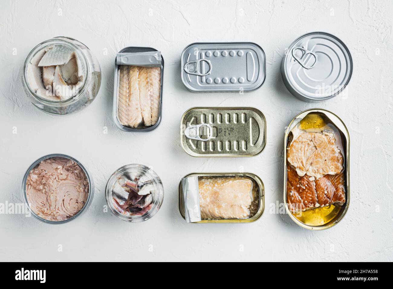 Canned fish with different assortment types of seafood set, on white ...