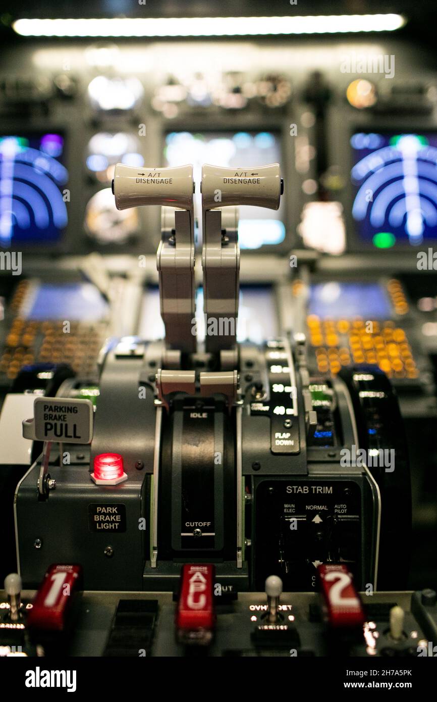 Aircraft interior, cockpit view inside the airliner. Point of view from ...