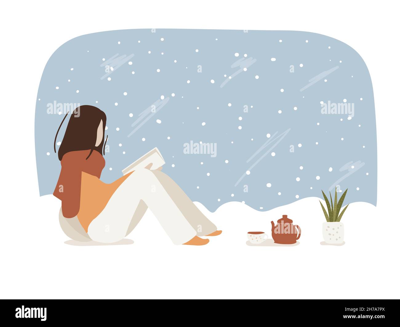 Abstract Woman reading book, tea cup and tea pot, house plant, winter ...
