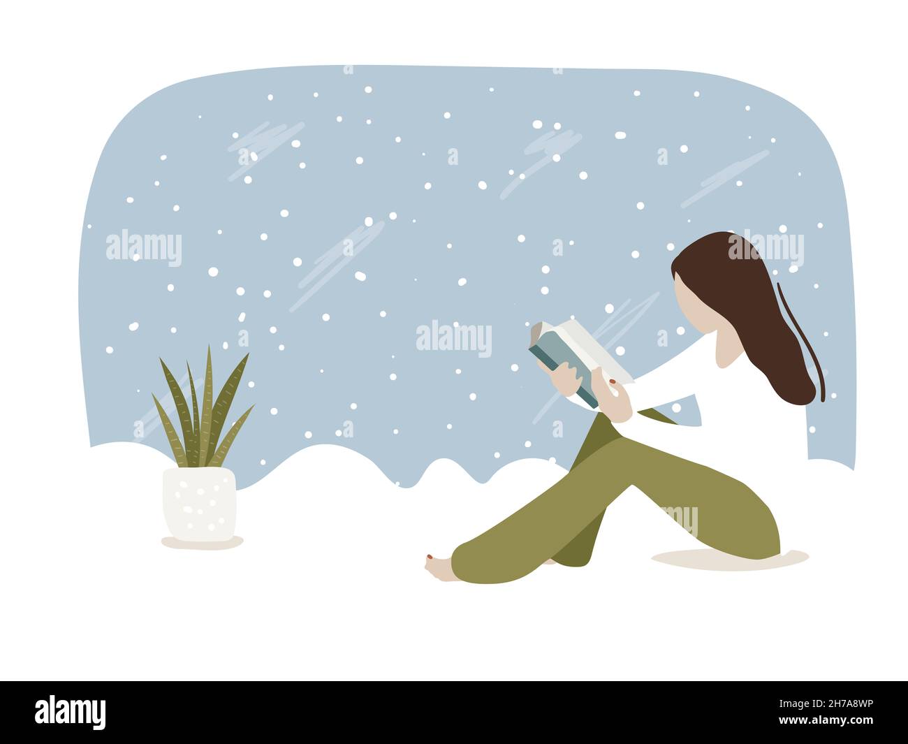 Abstract Woman reading book, winter background, snowfall. Winter season ...