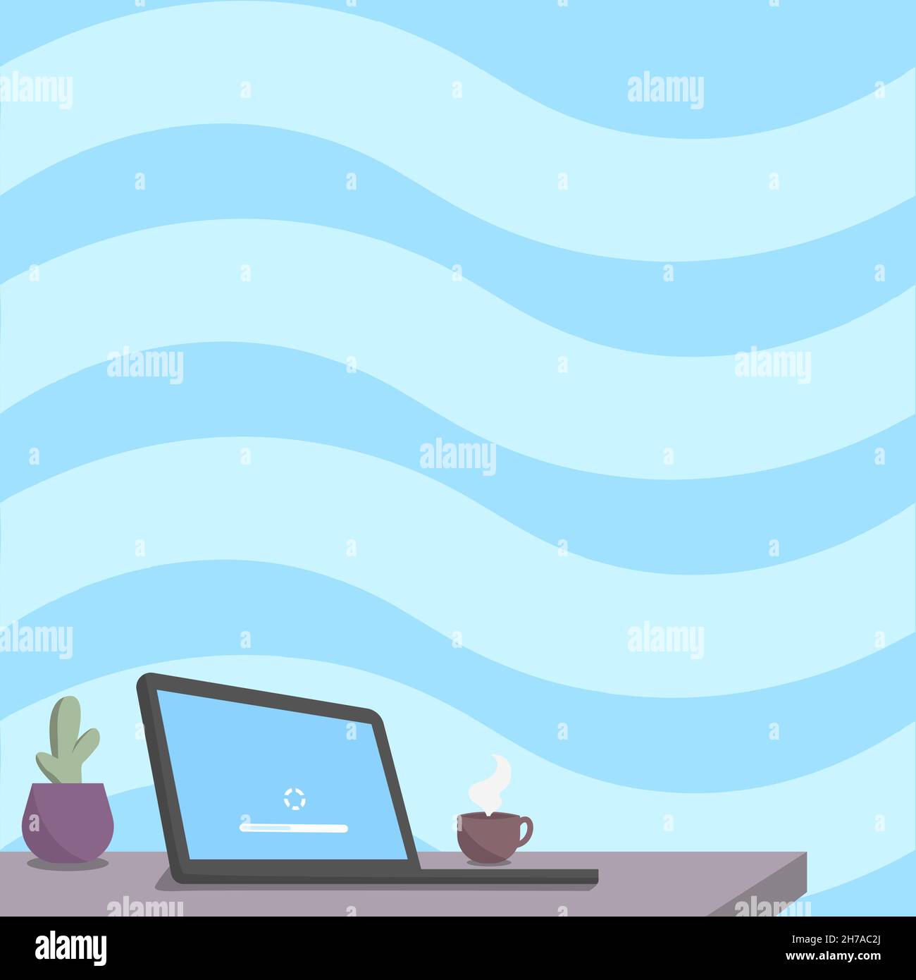 Office Desk Drawing With Laptop Pen Holder And An Open Blank Notebook ...