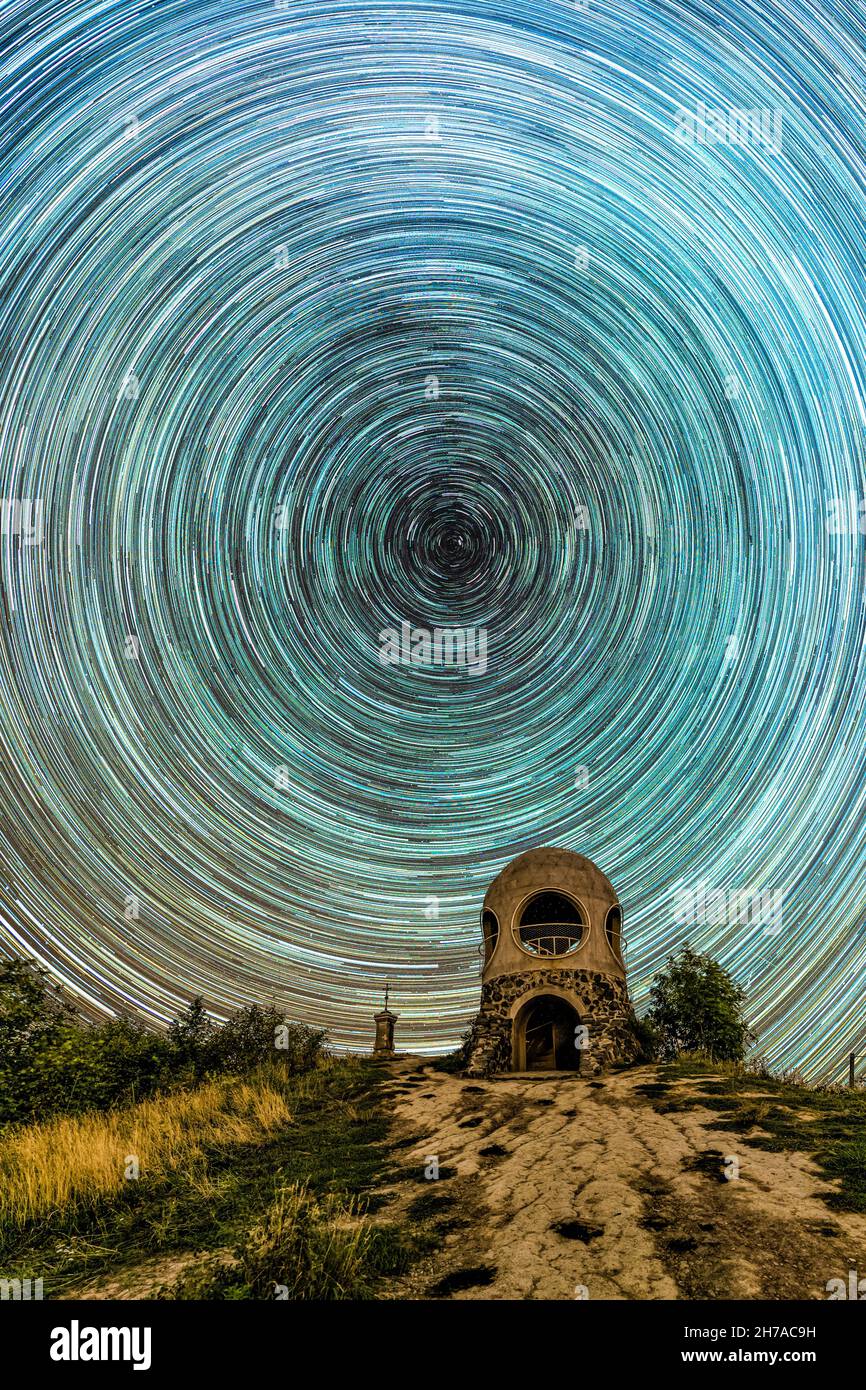 Star trails above the Ruženka lookout tower in Bohemian Switzerland ...