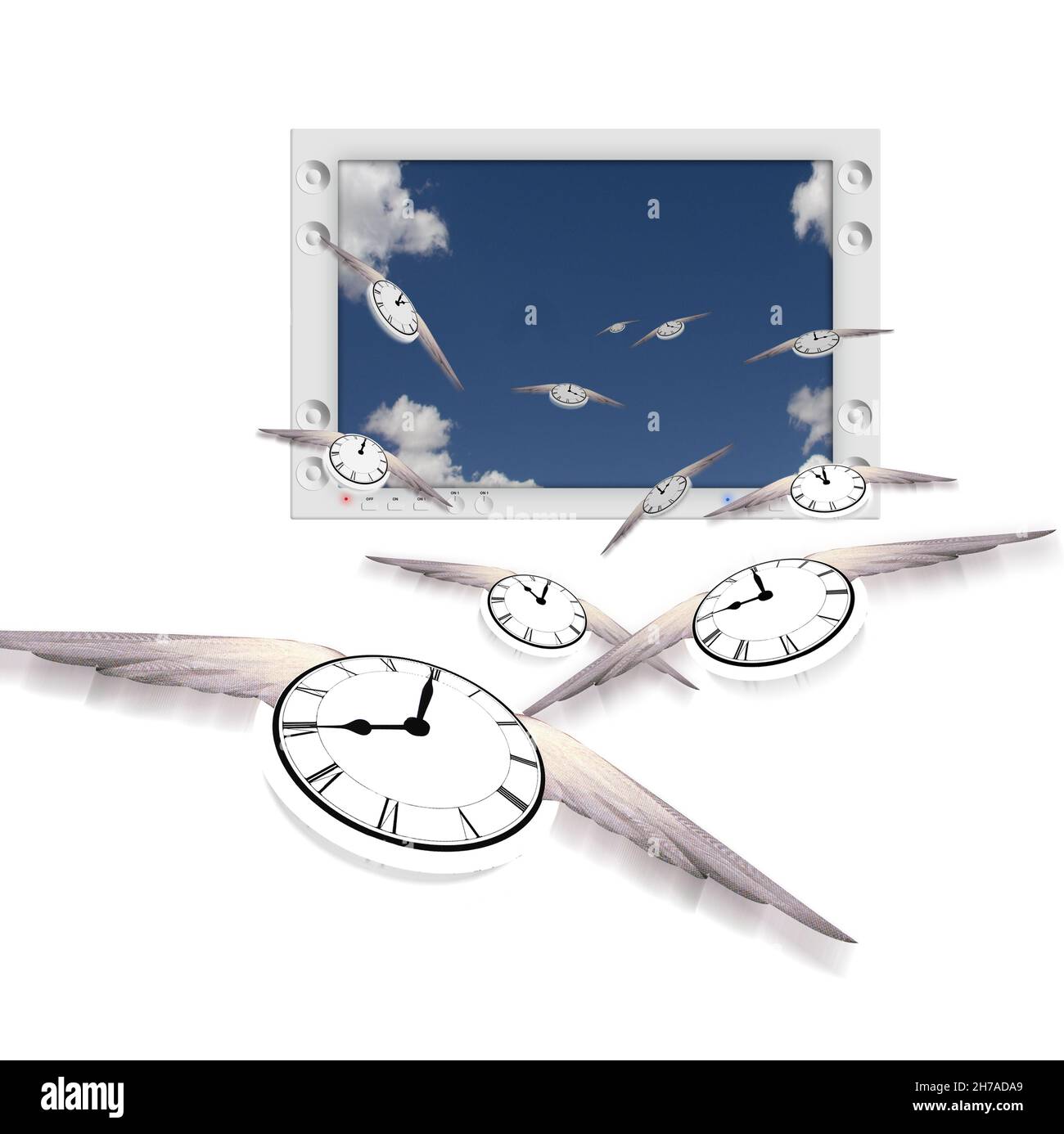 Time flies. Winged clocks fly out of TV screen. 3D rendering Stock ...