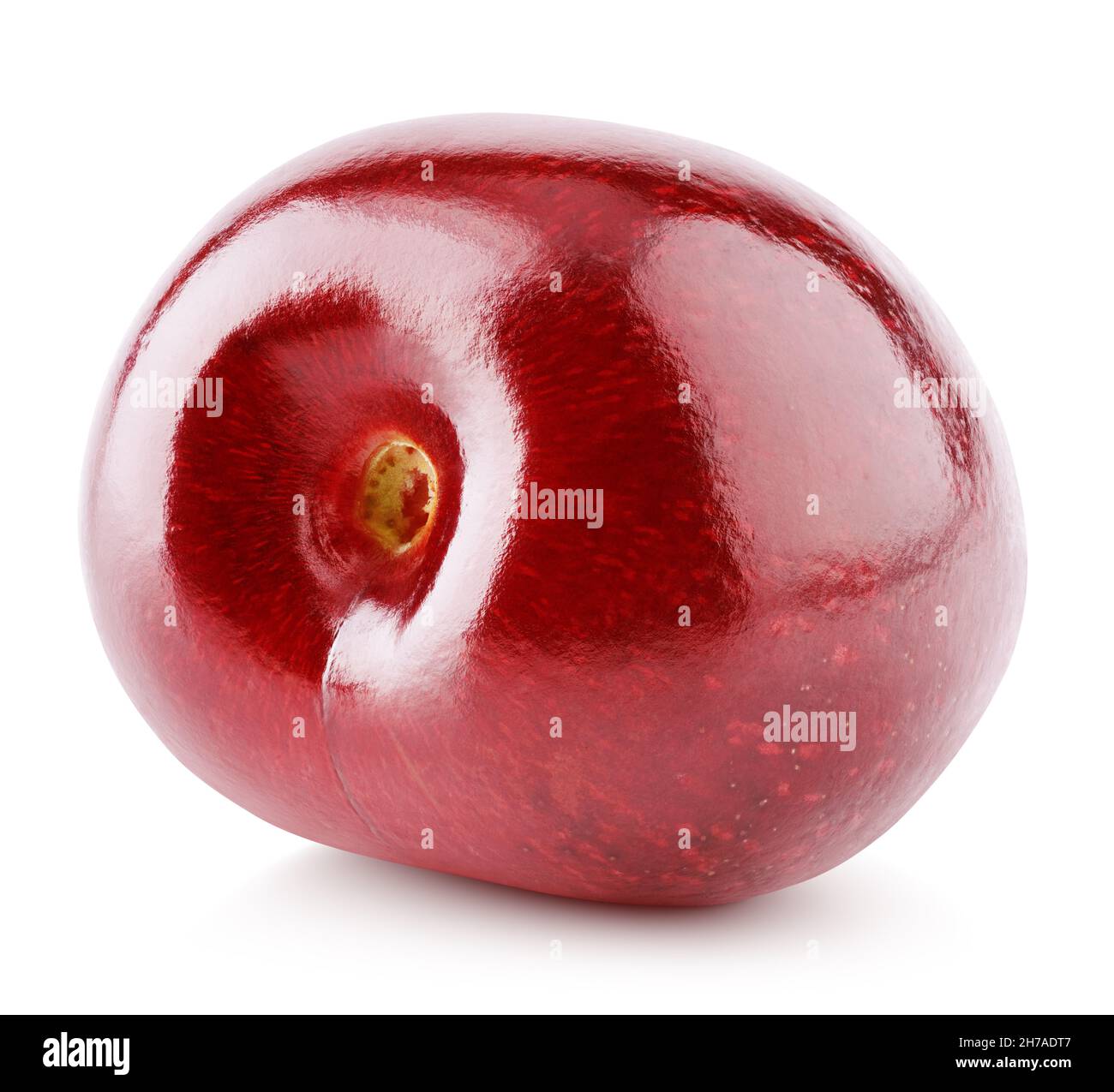 Single ripe cherry without stem isolated on white background with ...
