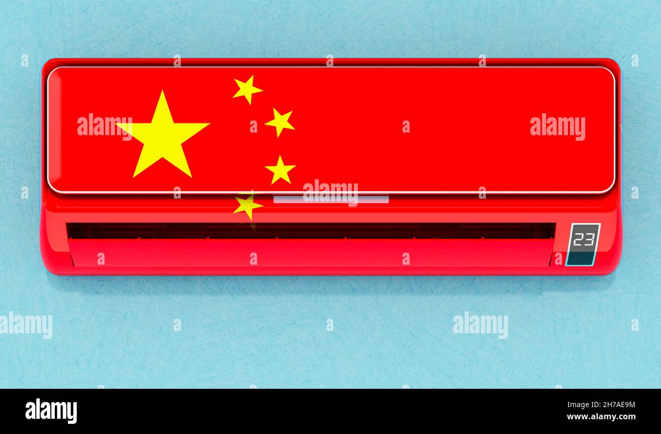 Air conditioner with Chinese flag on the wall. House climate control ...