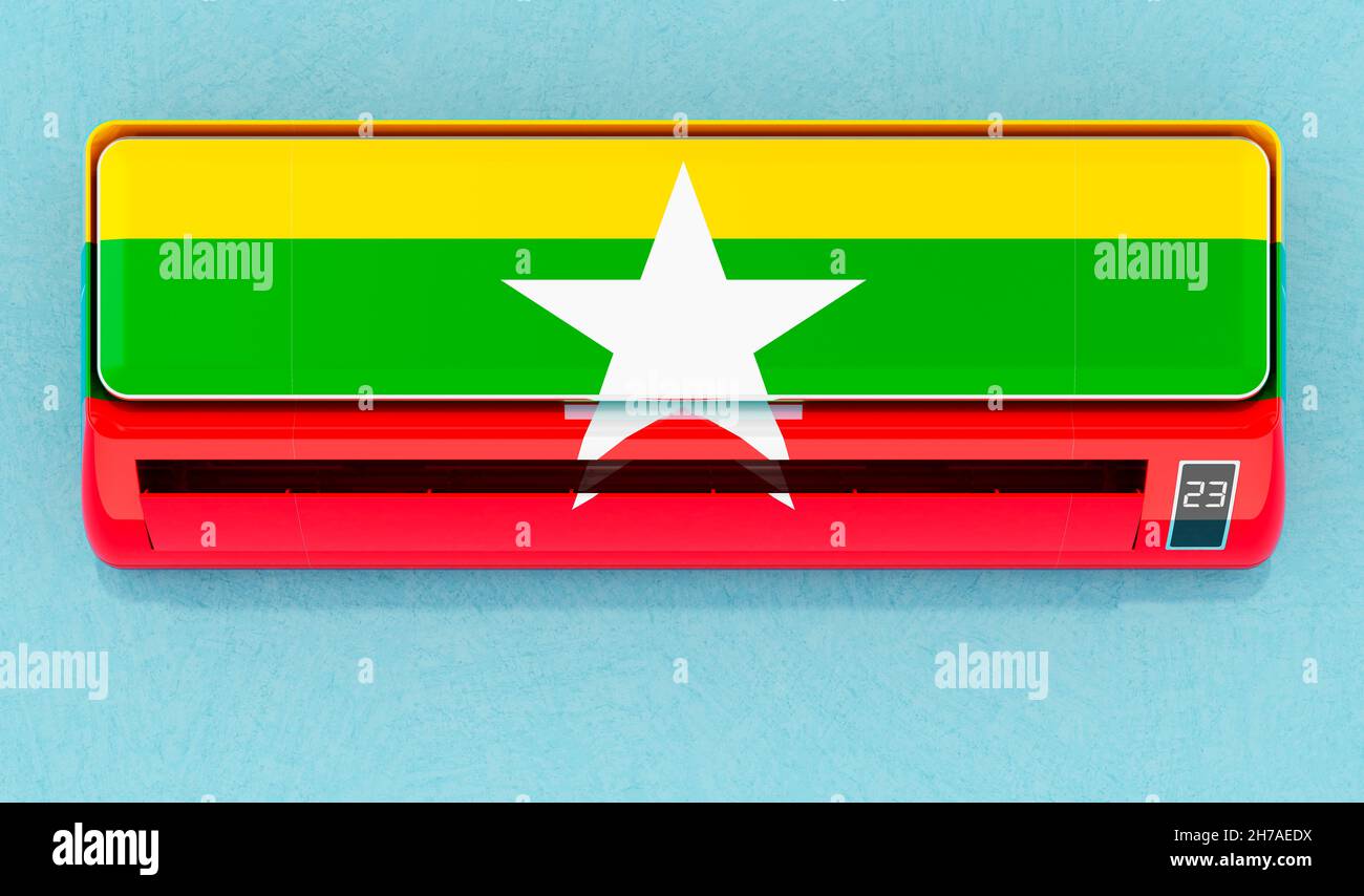 Air conditioner with Myanmar flag on the wall. House climate control ...