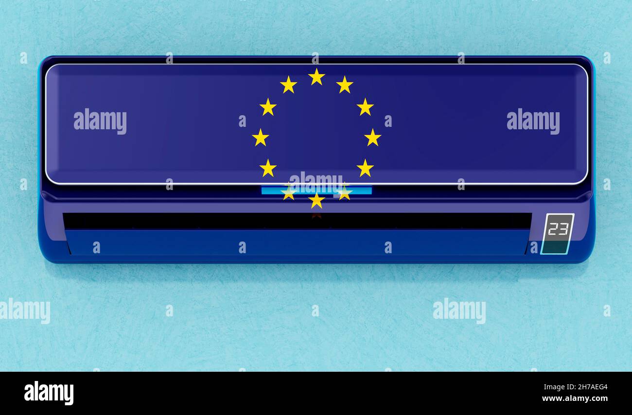 Air conditioner with the EU flag on the wall. House climate control ...