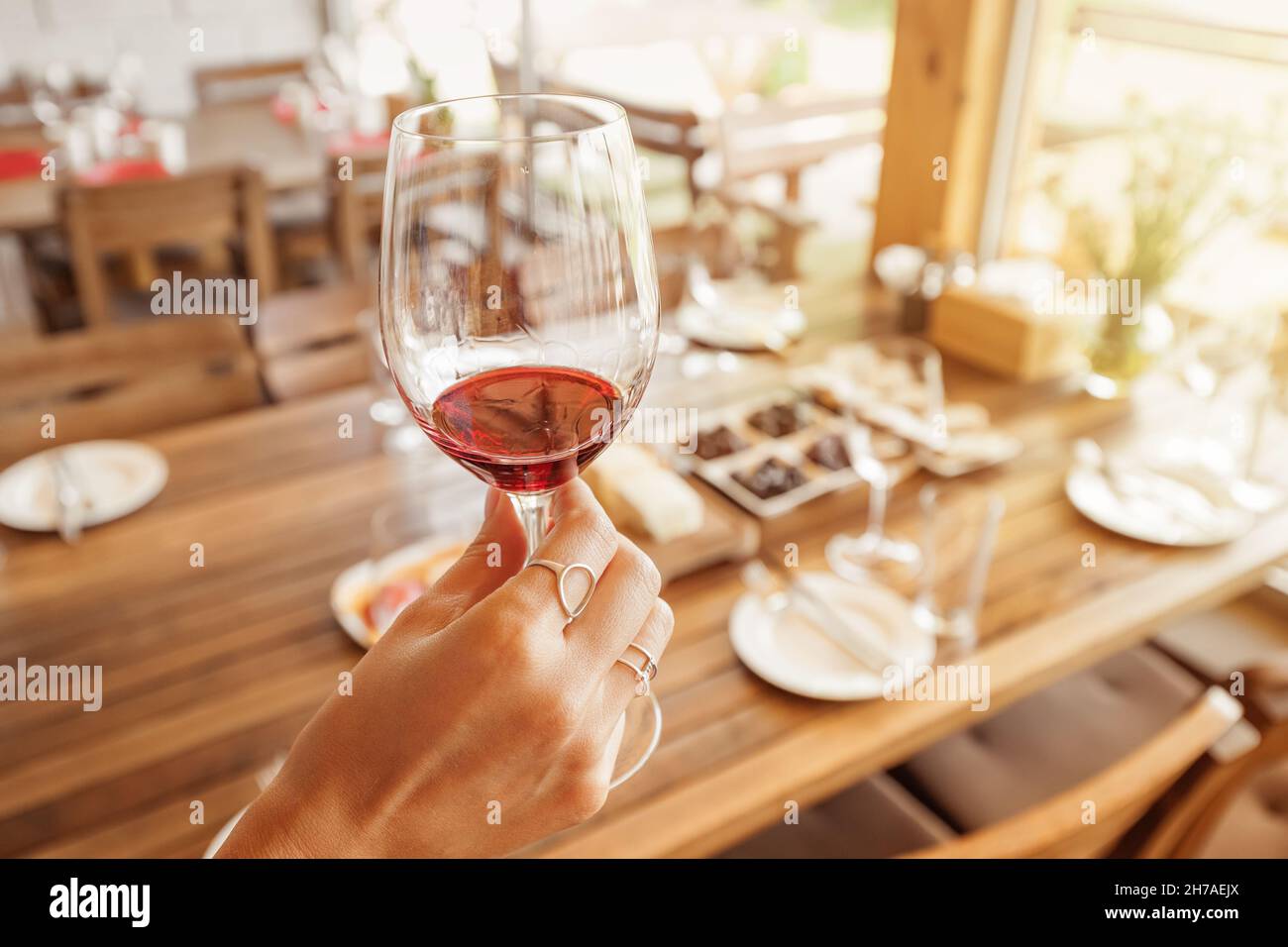 female hand with delicious red wine at a winery during a special tour ...