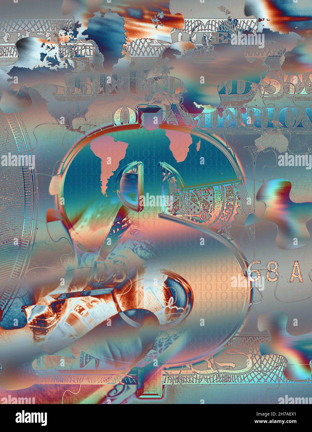 Dollar puzzle art, binary code and world map. 3D rendering Stock Photo ...